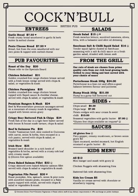 COCK ‘N BULL BRITISH PUB | Heads Up Launceston Food Guide