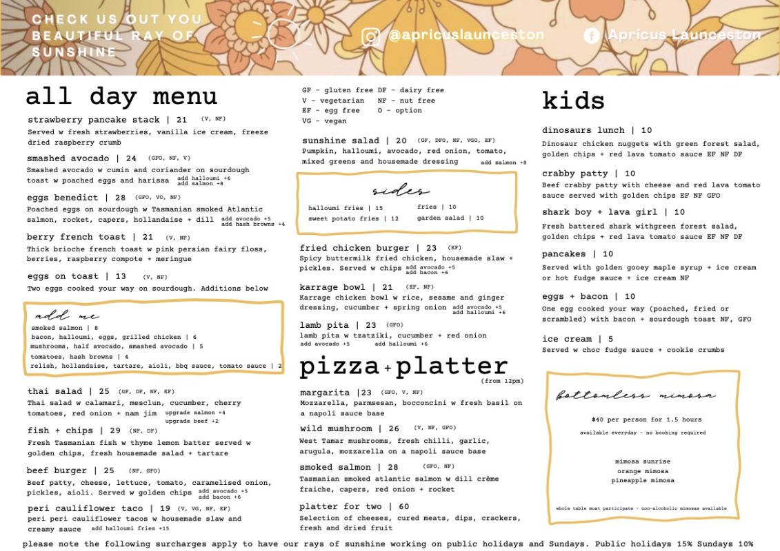 APRICUS LAUNCESTON | Heads Up Launceston Food Guide