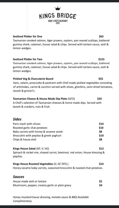 KINGS BRIDGE BAR & RESTAURANT | Heads Up Launceston Food Guide